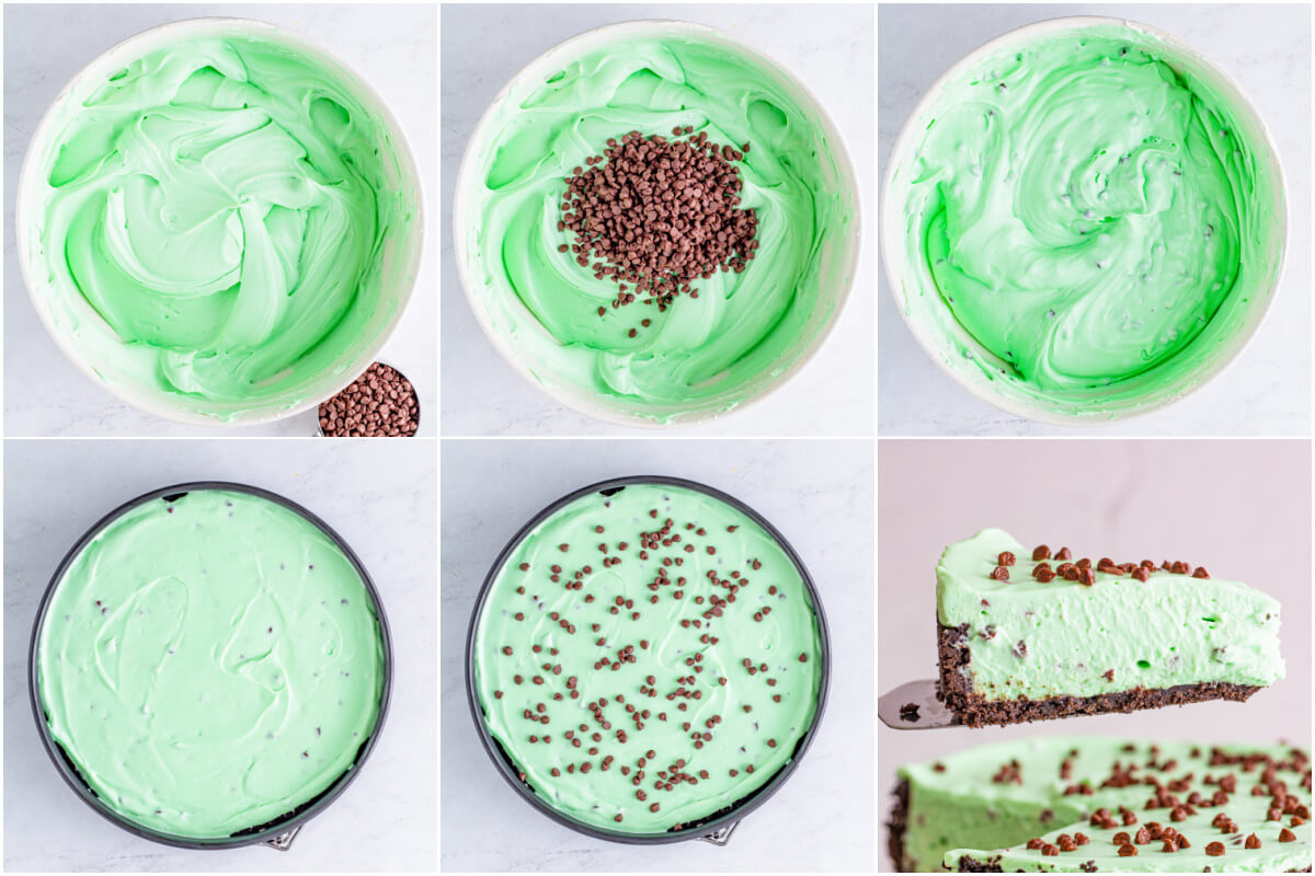 No-Bake Mint Chocolate Chip Cheesecake - Love Bakes Good Cakes