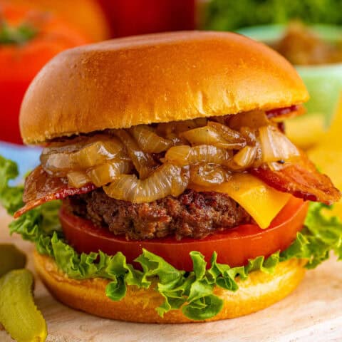 Bacon Cheeseburgers with Coca-Cola Onions - Love Bakes Good Cakes
