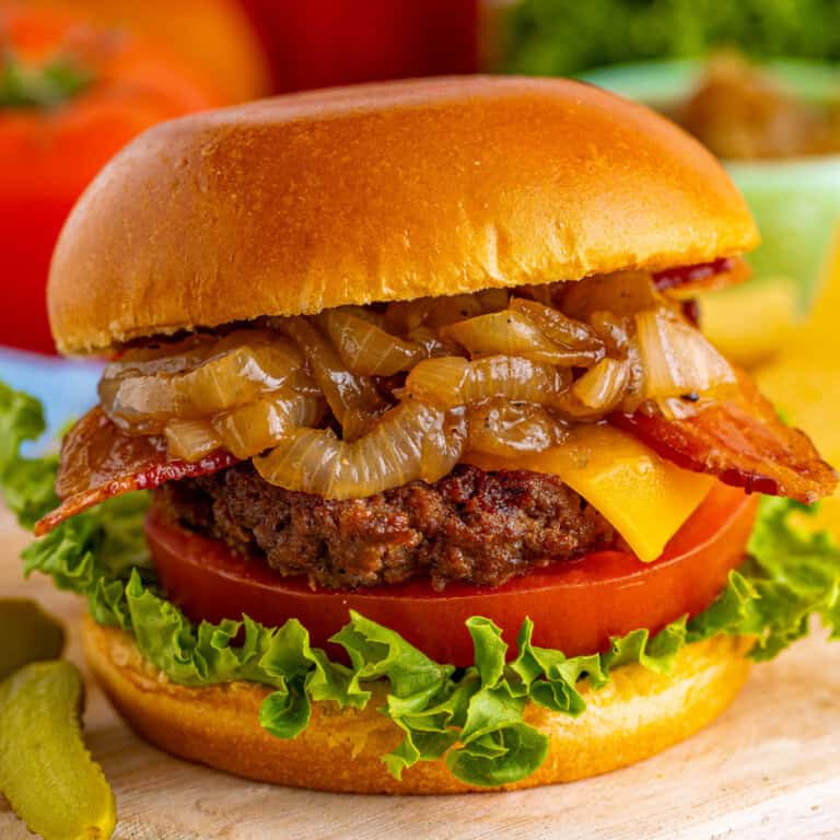 Bacon Cheeseburgers with Coca-Cola Onions - Love Bakes Good Cakes