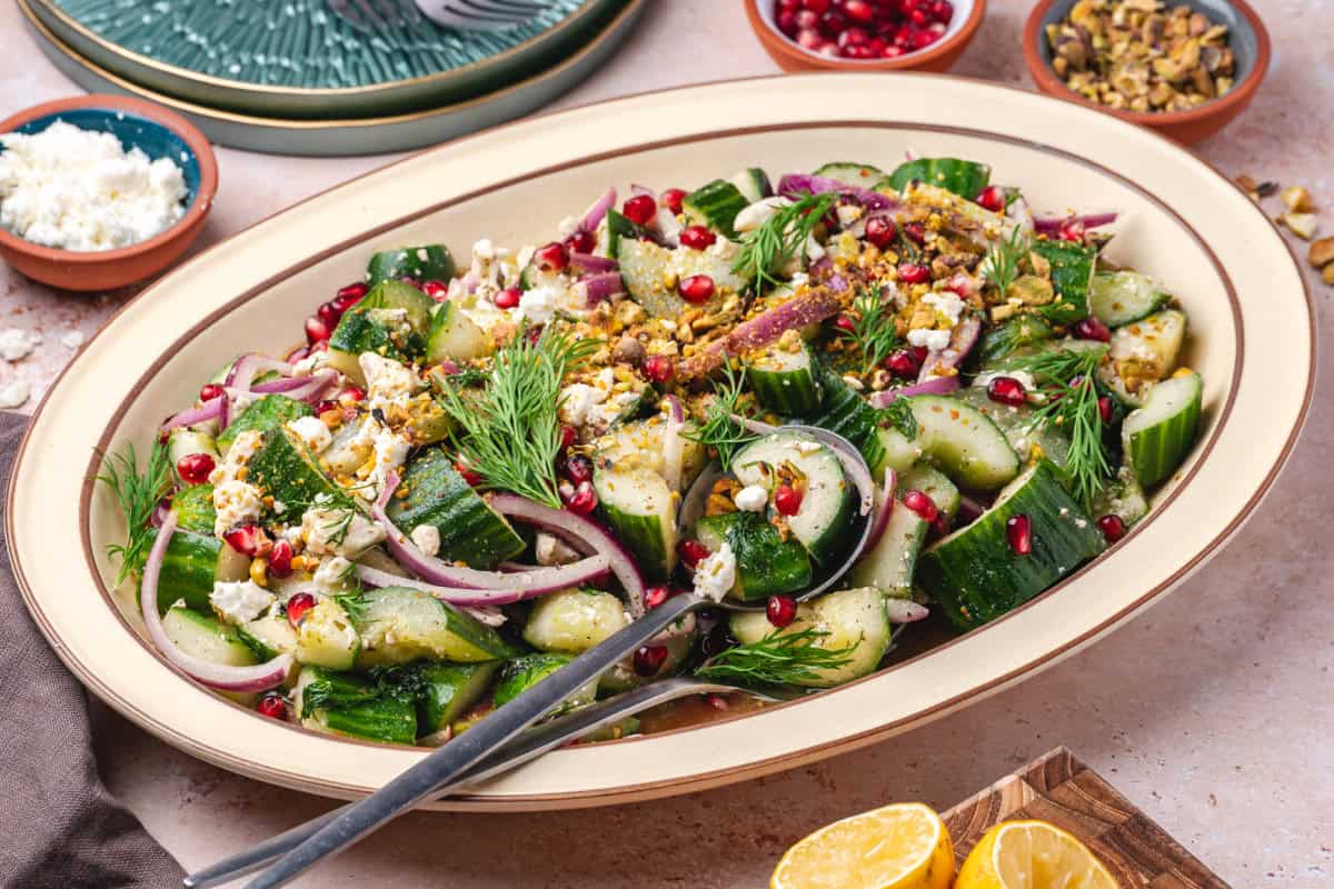 Smashed Cucumber Salad with Pomegranate Dressing - Love Bakes Good Cakes